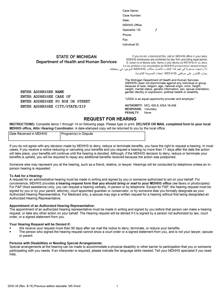 DHS-18 Hearing Request Form Guide | PDF | Disability | Justice