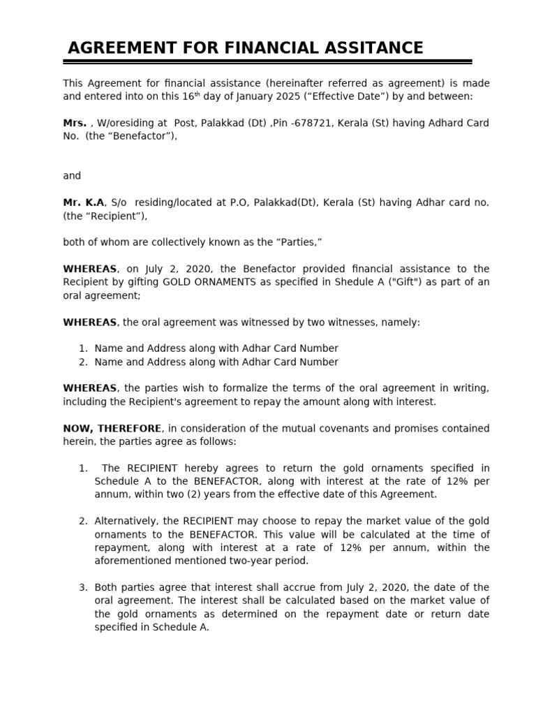 Financial Assistance Agreement Template | PDF | Civil Law (Legal System ...