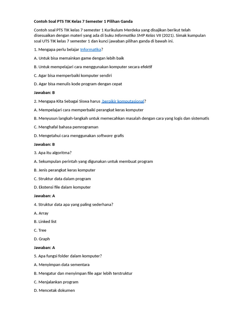 Contoh Soal PTS TIK Kelas 7 Semester 1 Pilihan Ganda | PDF