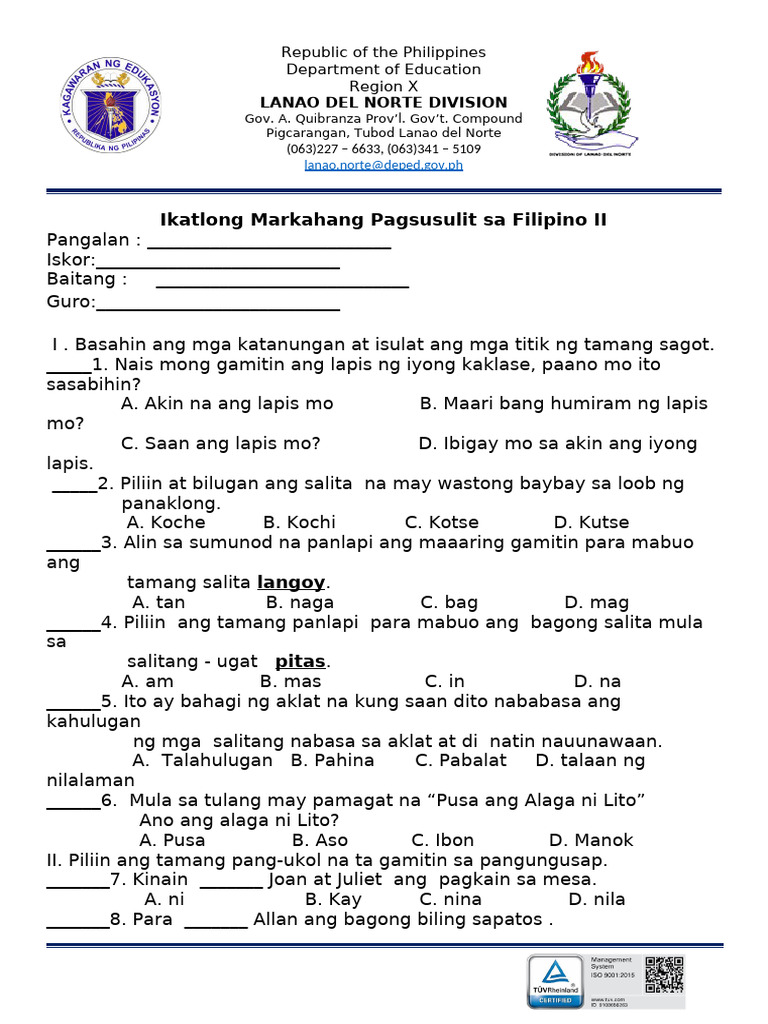 Filipino II 3rd Quarter Exam | PDF