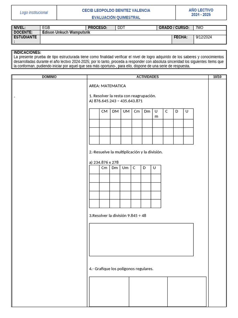Evaluación Quimestral Matemáticas 7mo EGB | PDF