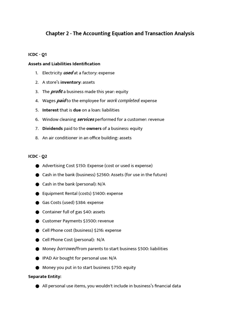 Chapter 2 - The Accounting Equation and Transaction Analysis | PDF ...