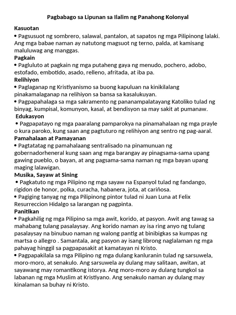 Pagbabago Sa Lipunan Sa Ilalim NG Panahong Kolonyal | PDF