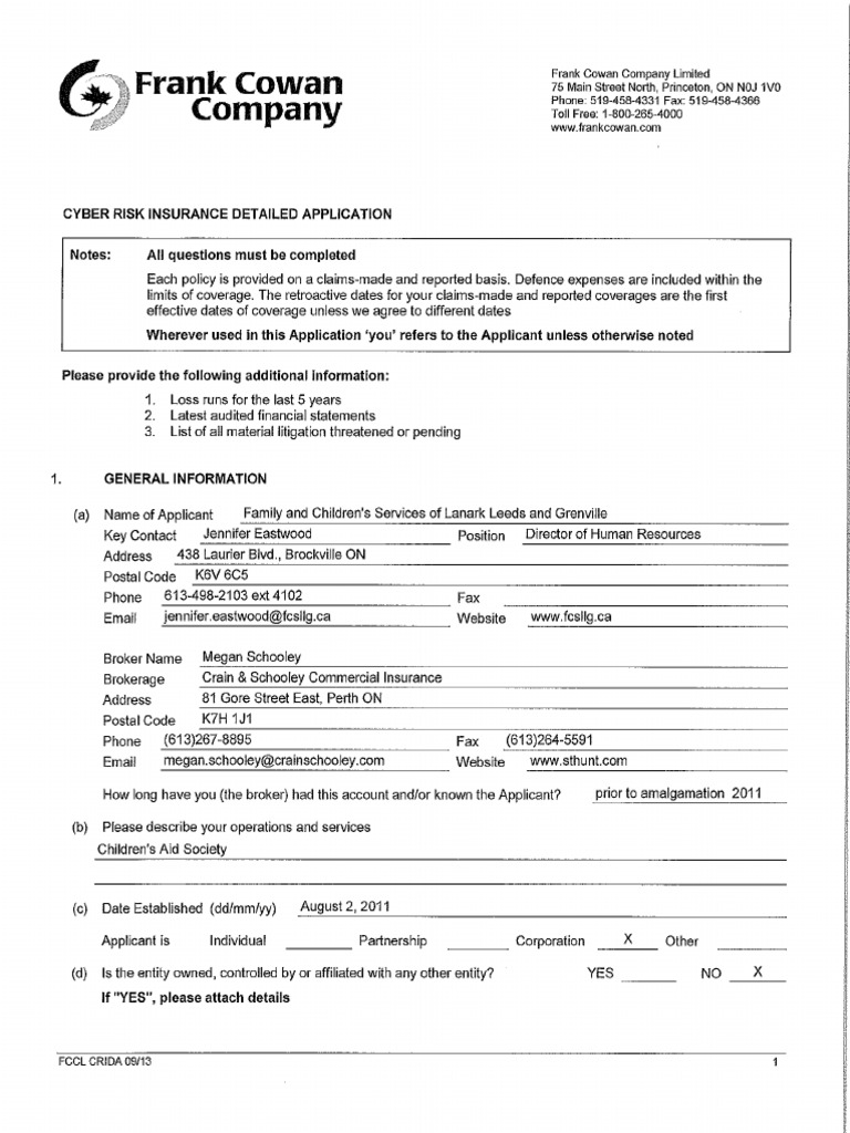 FCC Cyber Risk Insurance Detailed Application | PDF