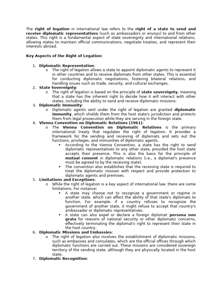 The Right of Legation in International Law Refers To The Right of A ...