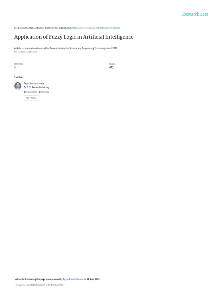 Application of Fuzzy Logic in Artificial Intelligence | PDF | Fuzzy Logic | Artificial Intelligence