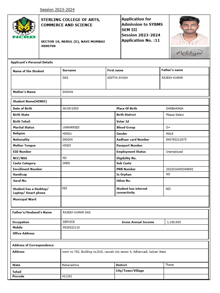 SYBMS SEM III Admission Application 2023-24 | PDF