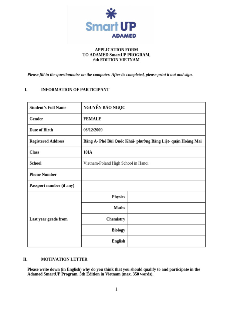 ĐƠN - Adamed - Application Form - ASU 5th Edition (EN) | PDF