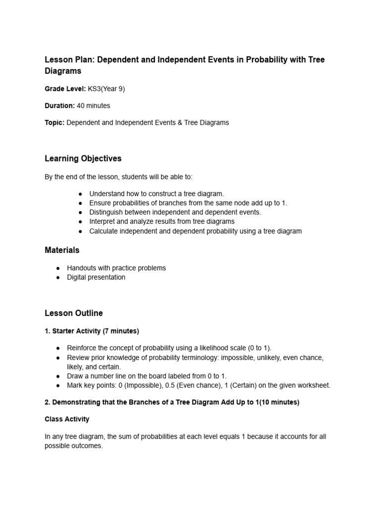 Lesson Plan - Dependent and Independent Events in Probability With Tree ...