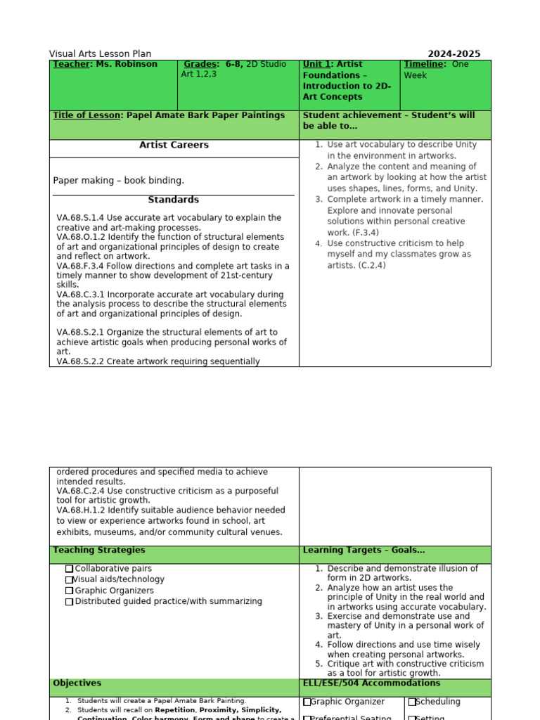 Lesson PLan-Papel Amate Bark Painting-Robinson 24-25 | PDF ...