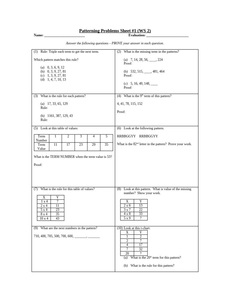 Grade 6 Lesson 2 Worksheet 2 Patterning Problem Sheet 1 | PDF