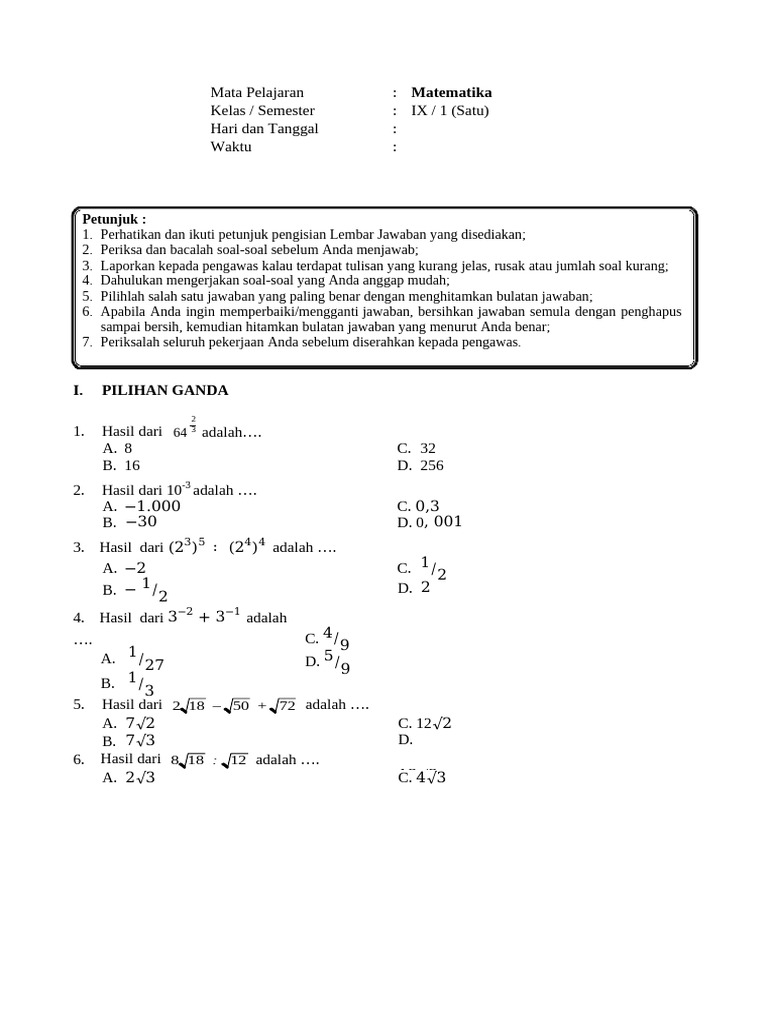 Soal PAS MTK Kelas 9 Semester 1 | PDF