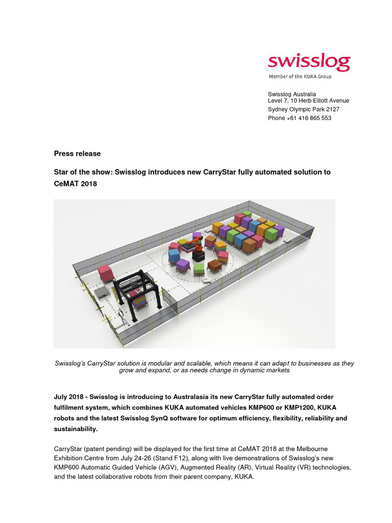 Swisslog Introduces New CarryStar Fully Automated Solution To CeMAT 2018 | PDF | Robot | Robotics