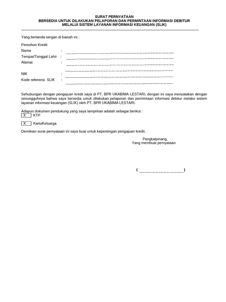 Surat Pernyataan & Persetujuan Debitur (Slik) | PDF