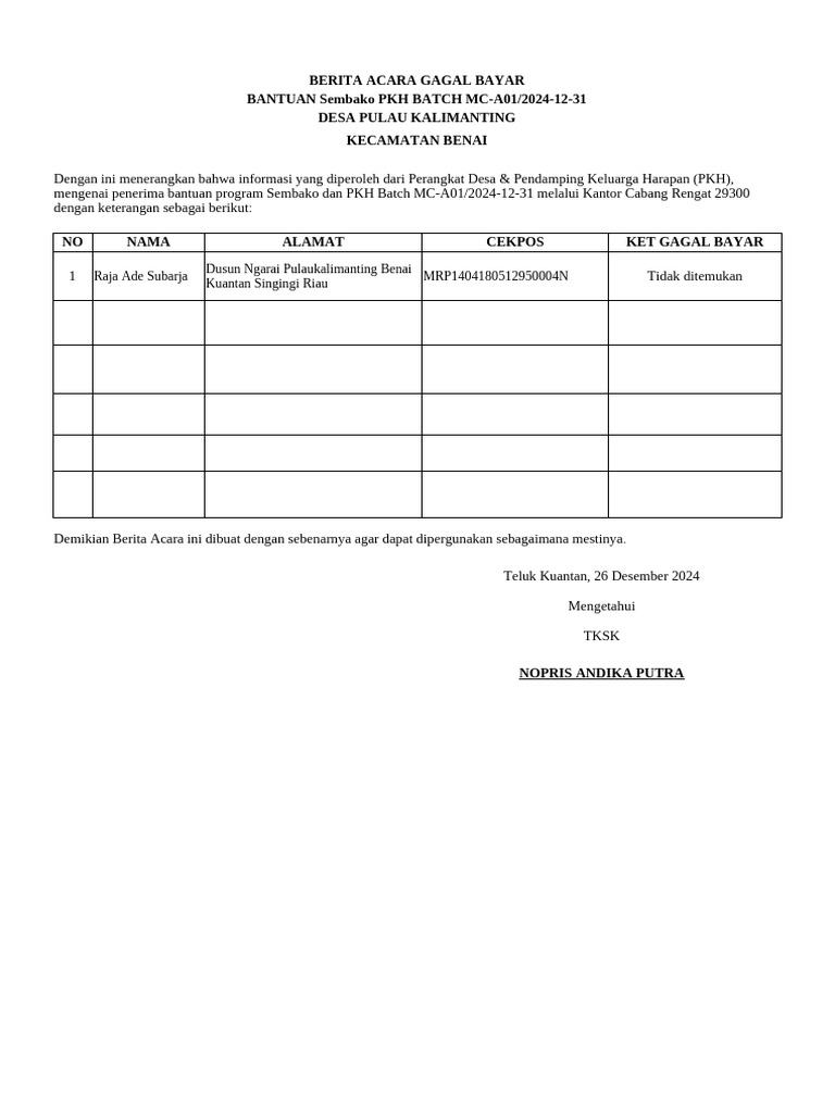 Berita Acara Gagal Bayar 2024 Kalimanting | PDF