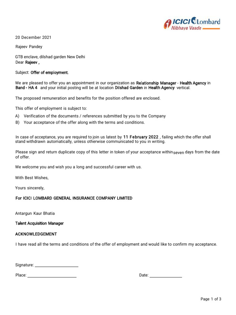 ICICI Lombard Offer Letter for RM Position | PDF | Employment | Salary