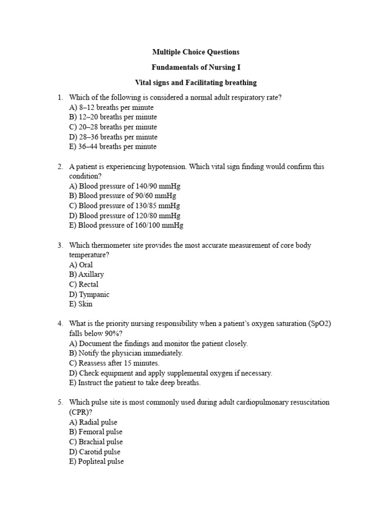 MCQs For FON I - Vital Signs and Facilitating Breathing | PDF | Breathing | Respiratory Tract
