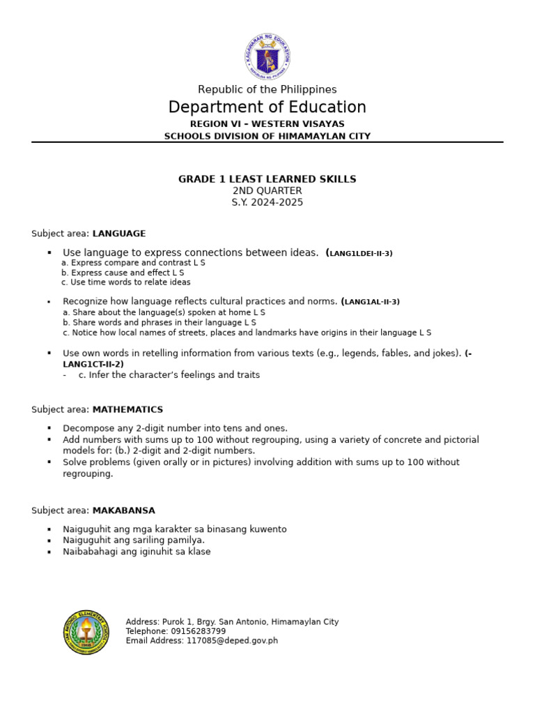 Grade 1 Least Learned Skills 2nd Quarter | PDF | Linguistics | Human Communication