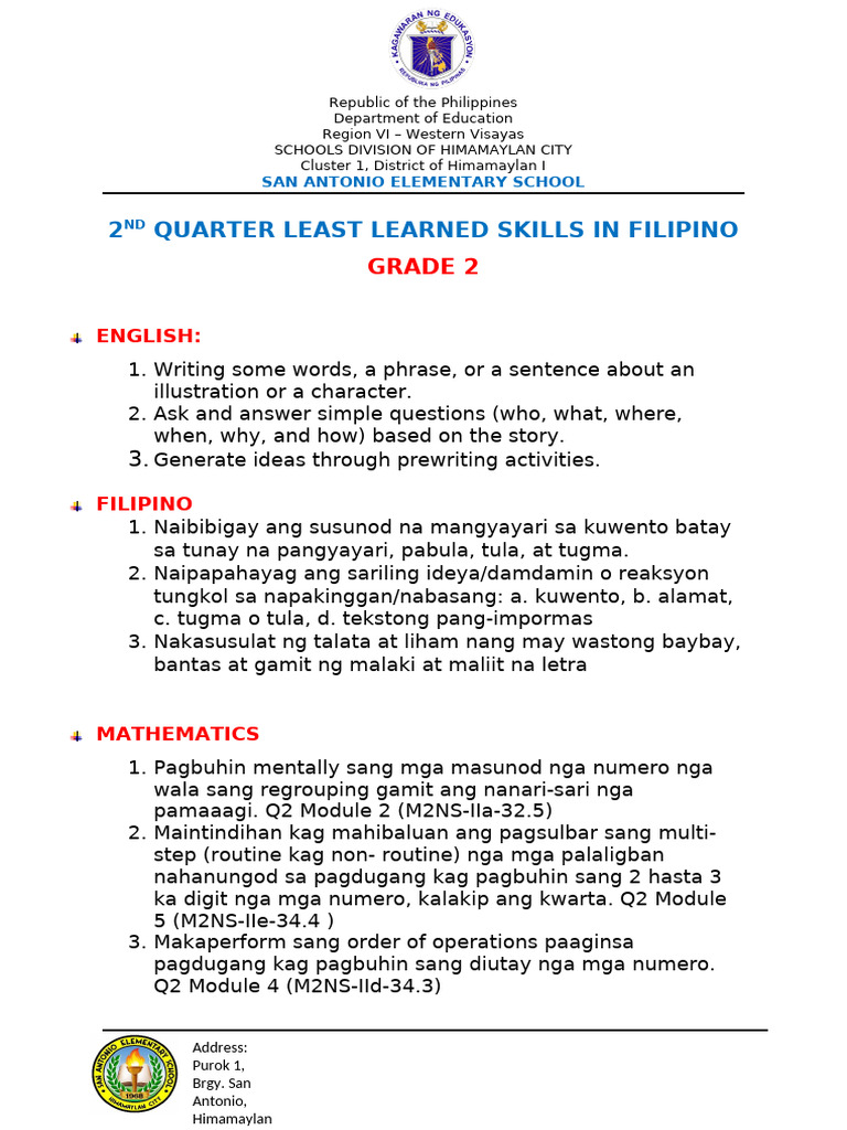 Grade 2 - 2ND Quarter Least Learned Skills | PDF | Philippines