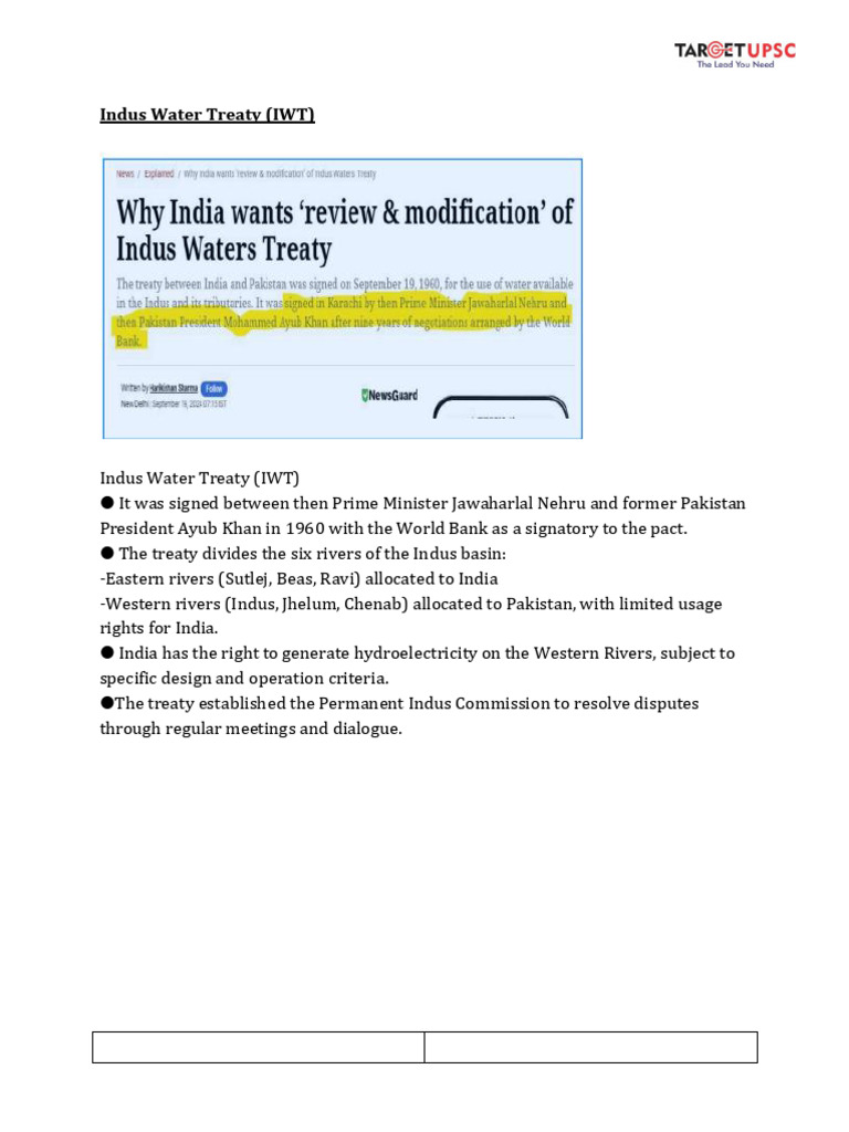 Indus Water Treaty Overview and Issues | PDF | Indus River | Earth Sciences
