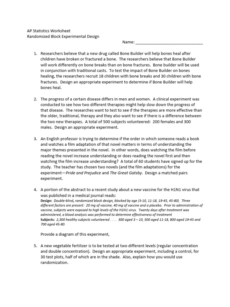 Ap Statistics Worksheet Randomized Block Experimental Design | PDF | Experiment | Bone