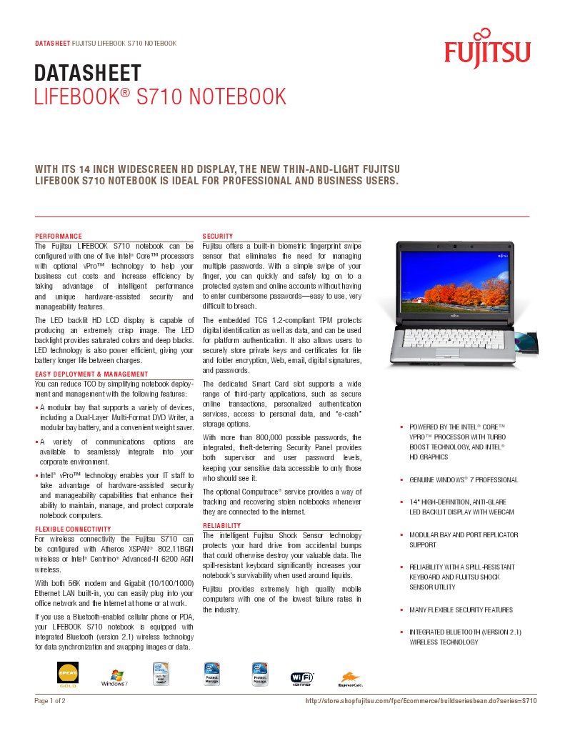 Notebook Computer LifeBook S710 Datasheet | PDF | Laptop | Password