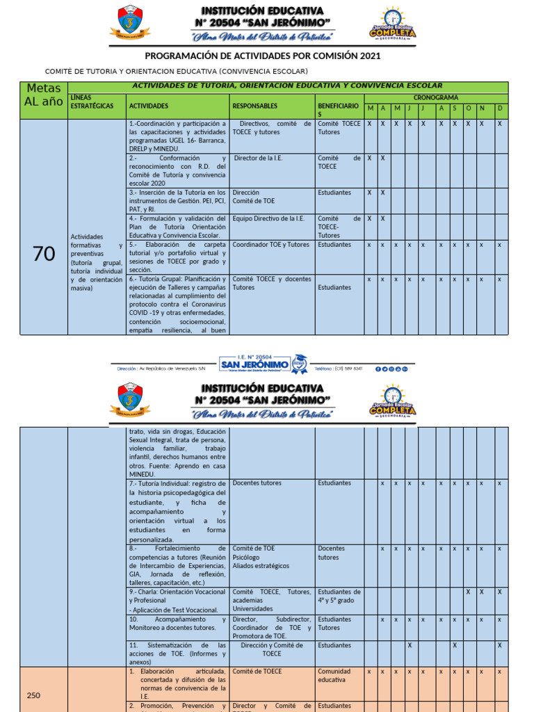 PROGRAMACIÓN ANUAL DE ACTIVIDADES - PAT 2021-TUTORÍA | PDF | Salón de ...