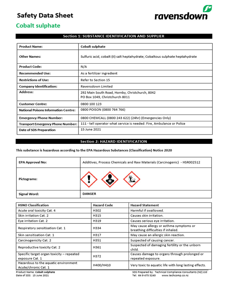 Cobalt Sulphate Sds 2021 | PDF | Dangerous Goods | Toxicity