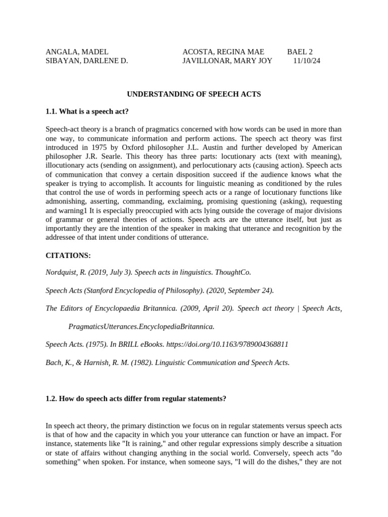 SPEECH ACTS 1 | PDF | Cognitive Science | Liberal Arts Education