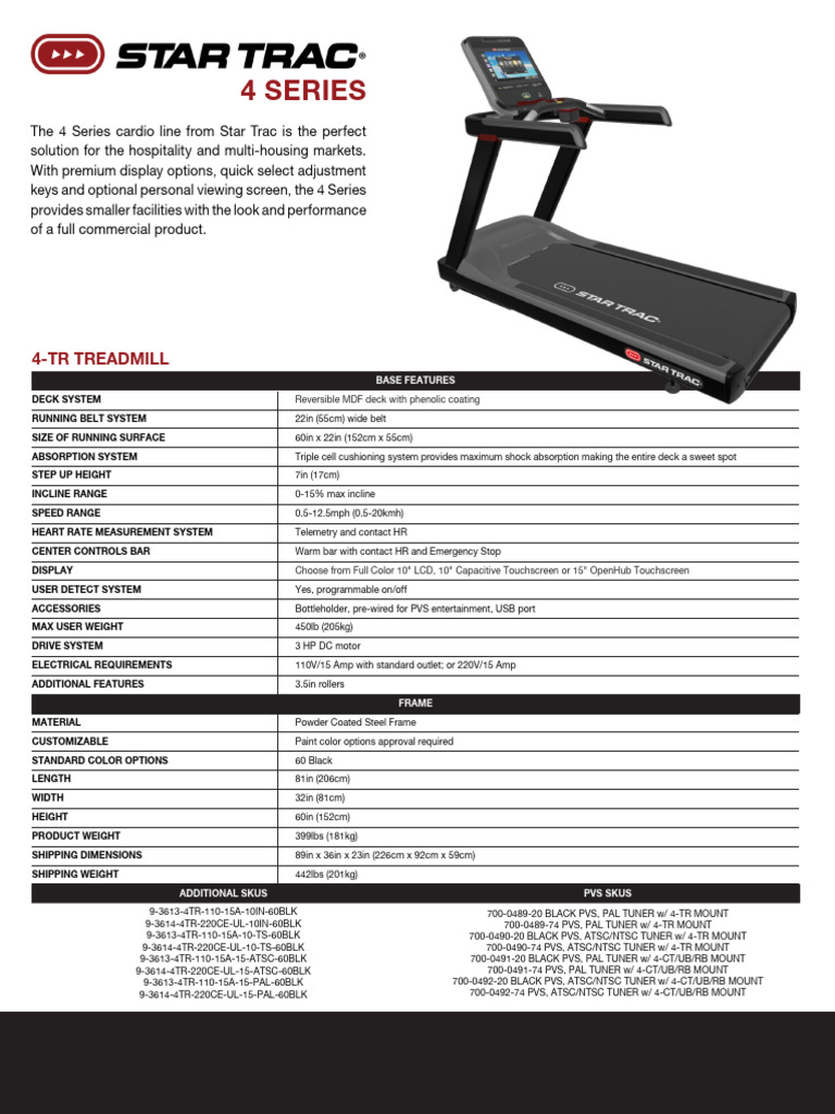 Star Trac 4TR Treadmill Product Sheet | PDF | Cable Television | Touchscreen