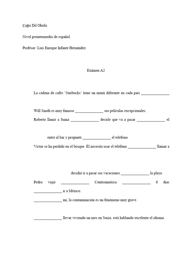 Examen A2 de Español: Ejercicios y Biografía | PDF