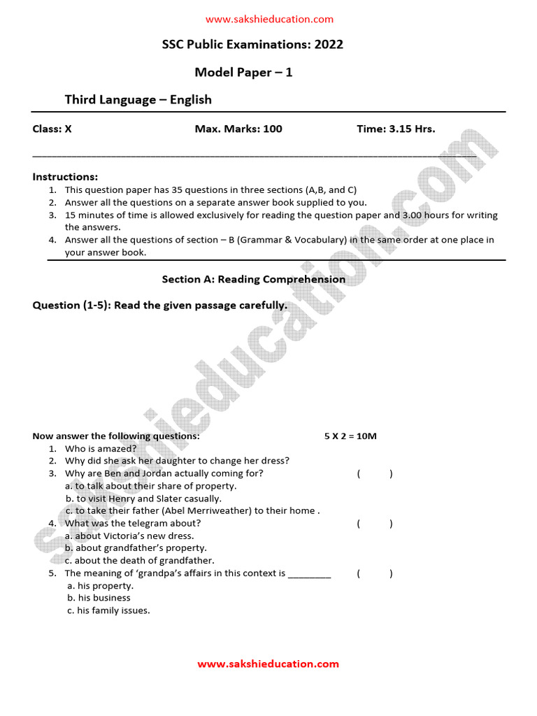 SSC Class X English Model Paper 2022 | PDF
