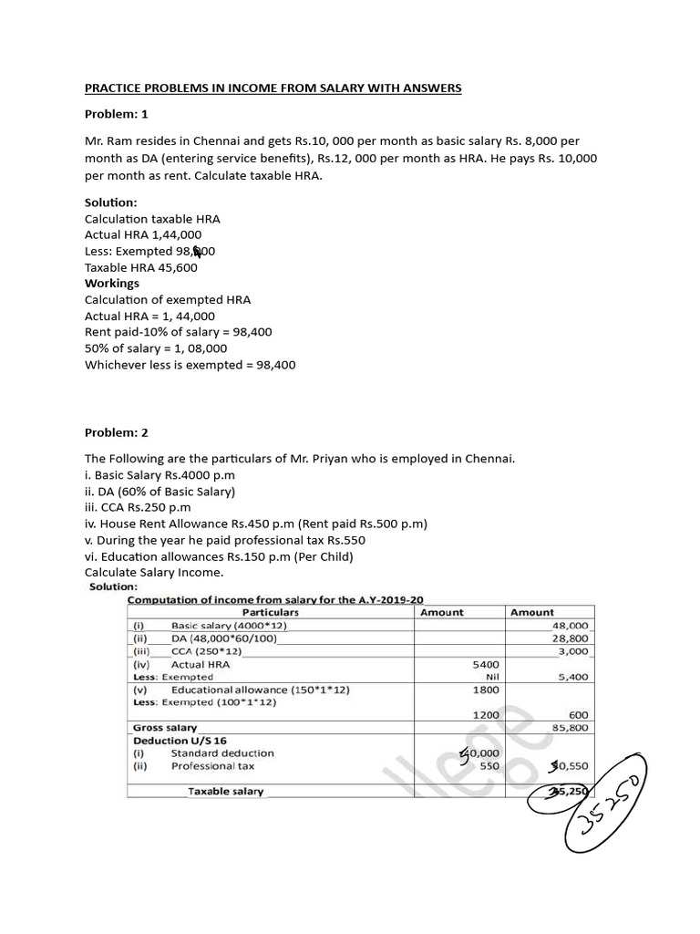 Income from Salary: Practice Problems 2023-24 | PDF | Employee Benefits ...