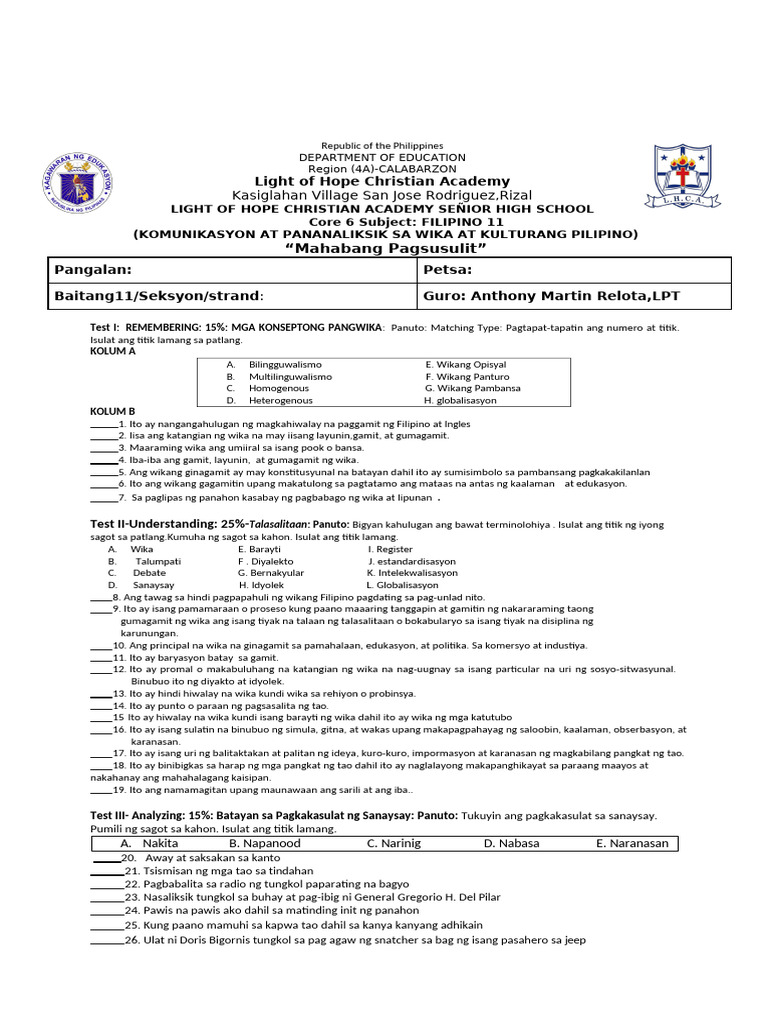 Core 6 Filipin11 Paunang Pagsusulit | PDF
