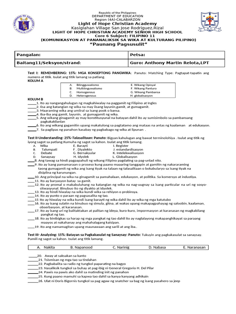 Core 6 Filipin11 Paunang Pagsusulit | PDF
