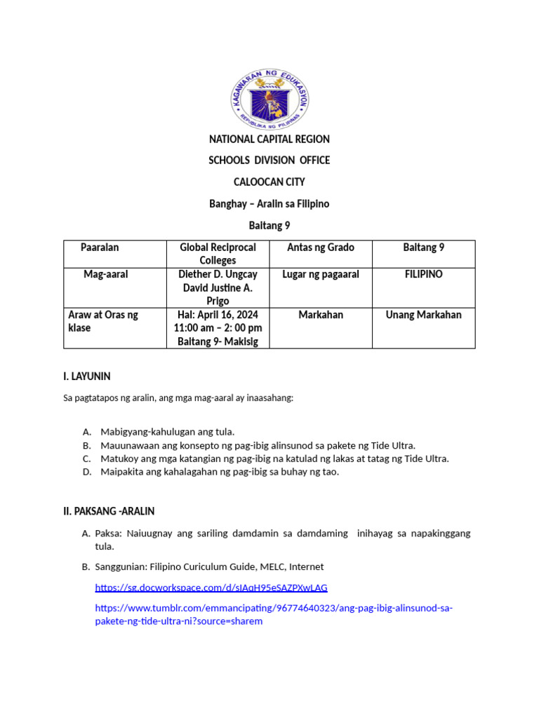 M.a.3 Lesson Plan Sa Pakitang Turo (TULA) | PDF