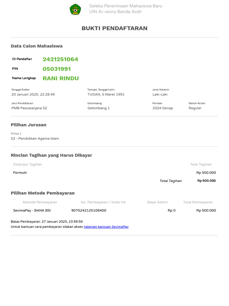 Pendaftaran S2 UIN Ar-raniry 2025 | PDF
