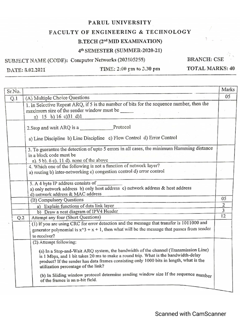 CN 2nd Mid Sem Question Paper | PDF