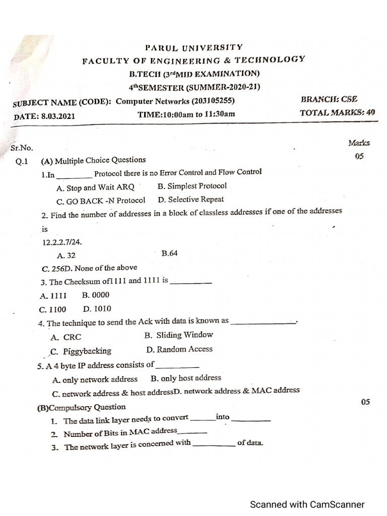 CN 3rd Mid Sem Question Paper | PDF