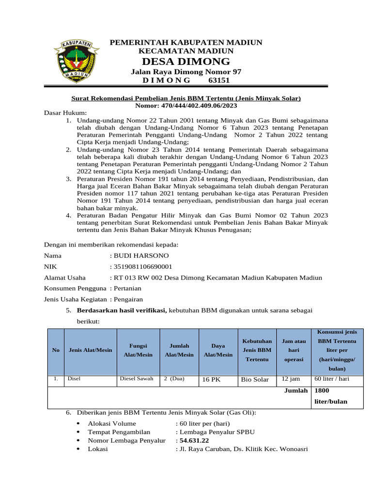 SURAT REKOMENDASI BBM 2023 TERBARU1 | PDF