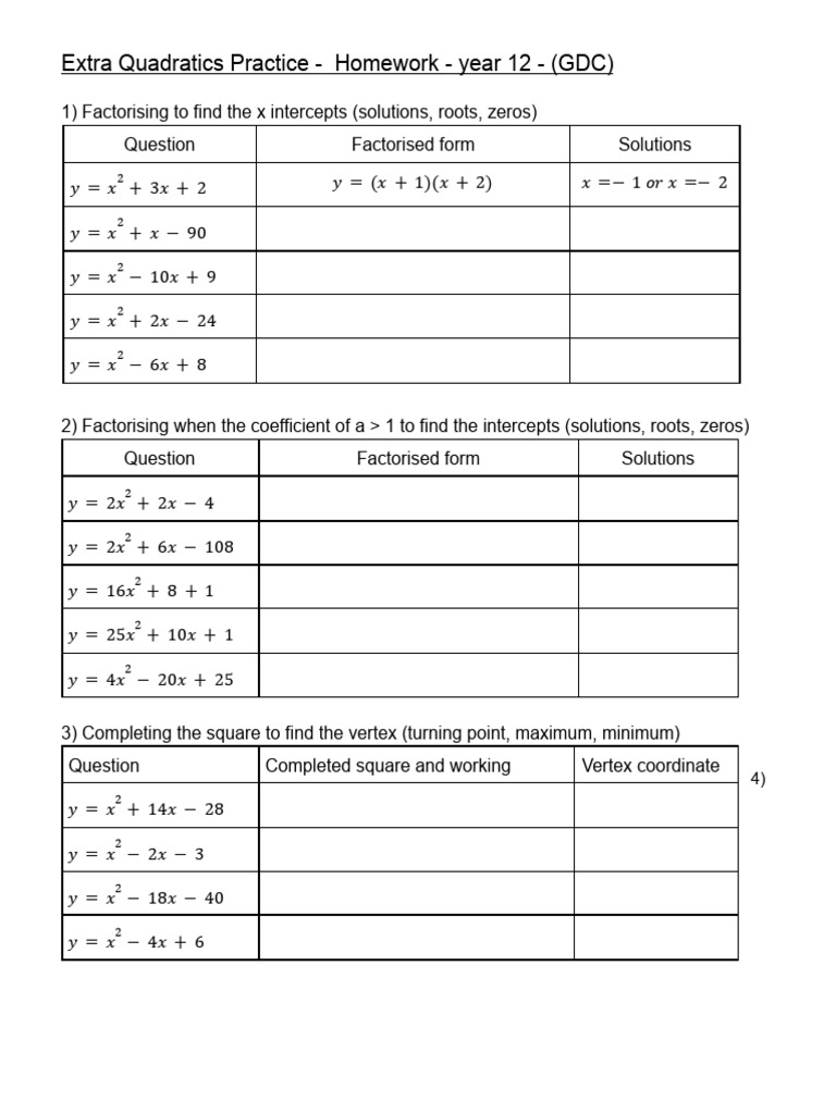 Homework - Quadratic Skills Practice #1 | PDF