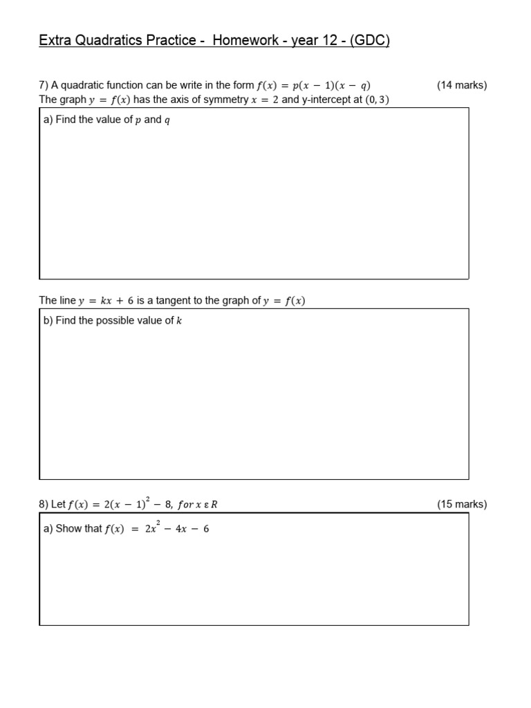 Homework - Quadratic Skills Practice #2 | PDF
