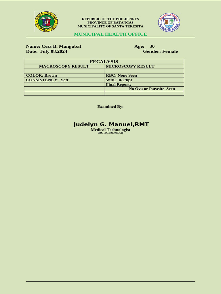 FECALYSIS RESULT | PDF | Biology | Anatomy