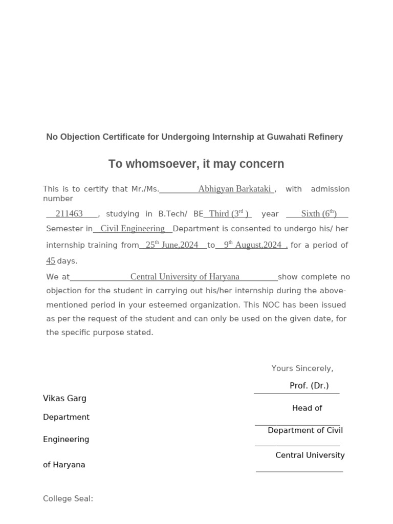 College NOC Engineering Students | PDF