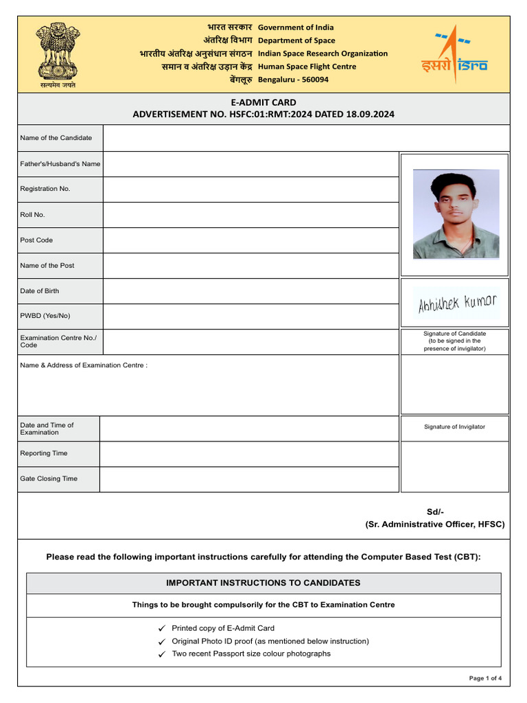 HSFC E-Admit Card Instructions | PDF | Identity Document