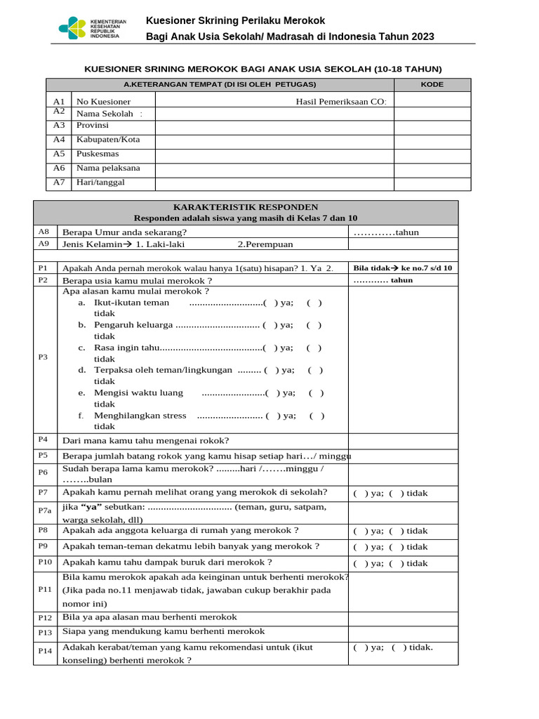 Kuesioner Merokok Anak Usia Sekolah 2023 | PDF