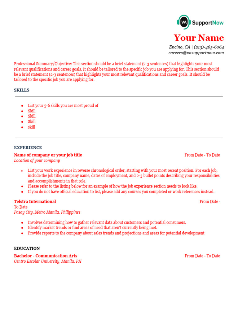 VA Support Now - Verfied Resume Template - Your Name | PDF
