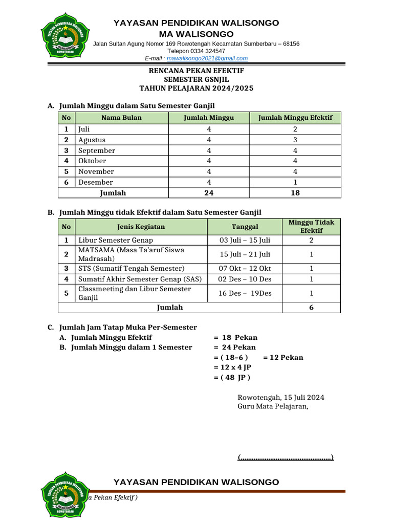 Rencana Pekan Efektif Mawas 20242025 | PDF