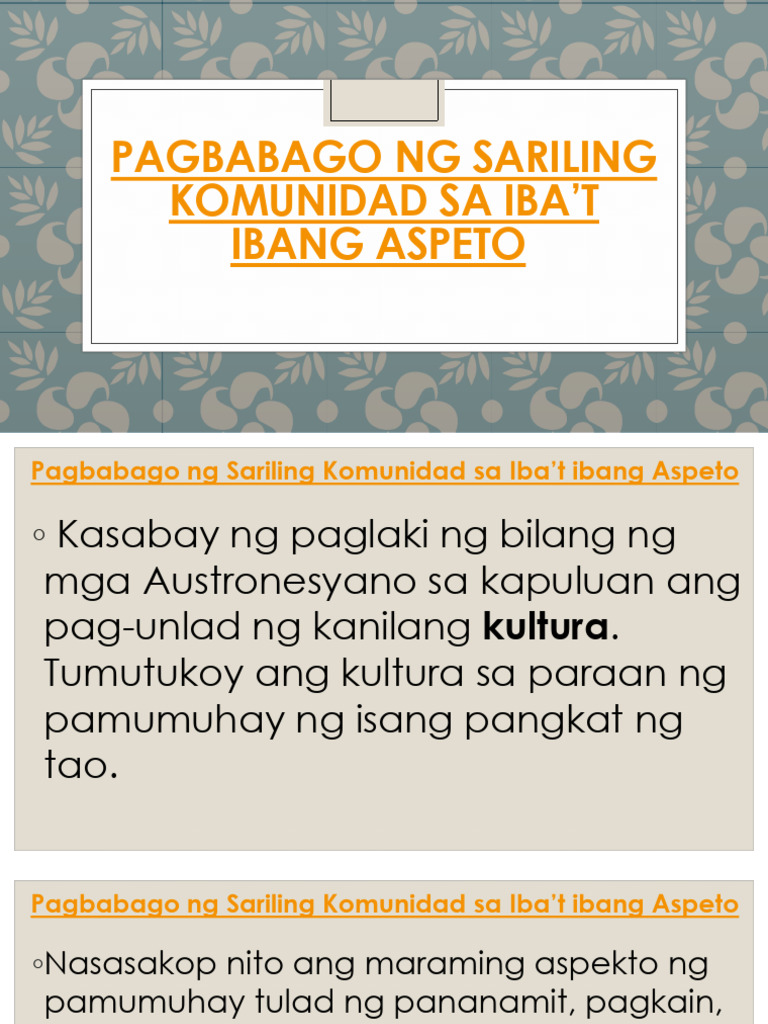 AP2 Aralin 12 Pagbabago NG Sariling Komunidad Sa Iba't Ibang Aspeto | PDF