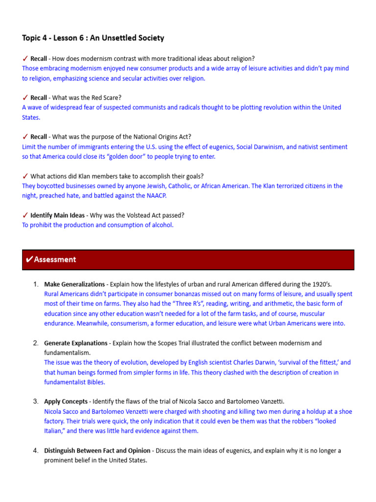 Topic 4 - Lesson 6 - An Unsettled Society - Reading Questions (Template ...